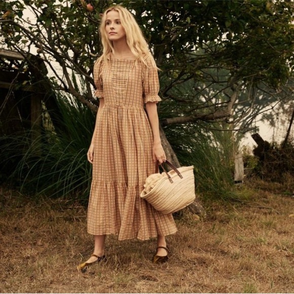 Doen | Dresses | Doen Elodie Plaid Puff Sleeve Midi Dress Meringue Sz M ...